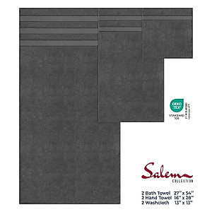 American Soft Linen Salem Bath Towel Set, 6 Piece Towels for Bathroom, 100% Turkish Combed Zero Twist Cotton, 2 Bath Towels 2 Hand Towels 2 Washcloths, Dark Gray