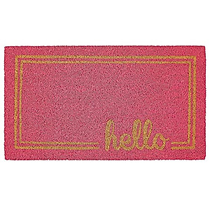 mDesign Rectangular Coir and Rubber Entryway Welcome Doormat with Natural Fibers for Indoor or Outdoor Use - Decorative Script Hello Design - Dark Pink/Natural