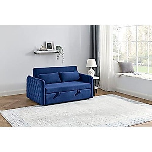 HomSof 2 Pillows and Living Room Adjustable Backrest, Grid Design Armrests 55" Modern Convertible 2 Detachable Arm Pockets, Velvet Loveseat Sofa with Pull Out Bed, Style B, Blue
