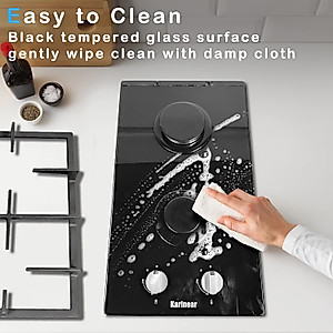 Karinear Gas Cooktop 2 Burner Propane Cooktop, 12 Inch LPG/NG Dual Fuel Gas Stove Top, Built-in Tempered Glass Gas Cooktop for Apartment, Indoor, RV