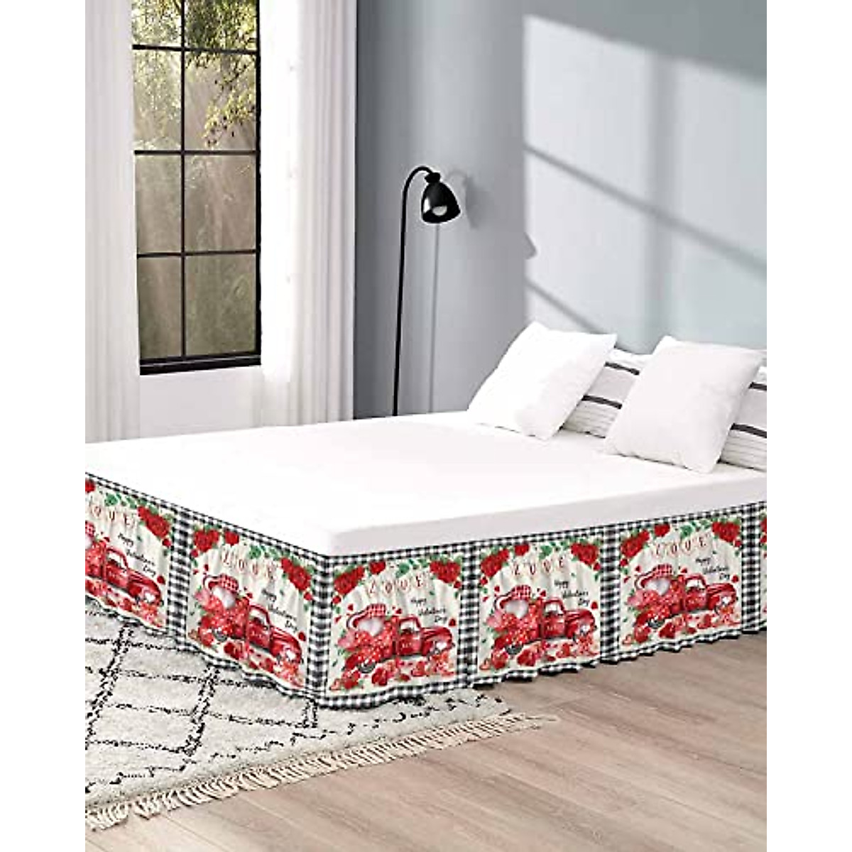 Valentine's Day Bed Skirt King Size 18 Inch Drop,Adjustable & Elastic Wrap Around Bed Skirts Pleated Dust Ruffles for Twin Full Queen Cal King Bed,Red Truck Spring Saint Rose Love Black Plaid Check