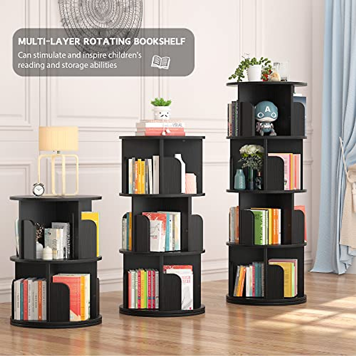 Aheaplus Rotating Bookshelf, 360 Display Corner Bookshelf for Small Space, 4 Tier Floor Standing Bookcase Storage Rack, Wood Narrow Book Shelf Organizer for Bedroom, Living Room, Study Room, Black
