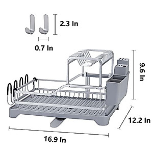 Panchydor Dish Rack,Aluminum 2 Tier Silver Large Dish Drainers for Kitchen Counter,One-Step Installation Automatic Draining Dish Rack with Cup Holder,Utensil Holder,Cutting Board Holder,Two Hooks