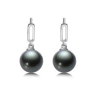 DENGGUANG 18K Gold Tahitian Black Pearl Stud Dangle Earrings 8-9mm Genuine Tahiti Cultured Pearls Drop Dangle Earrings, Mothers Day Gifts for Mom - White Gold