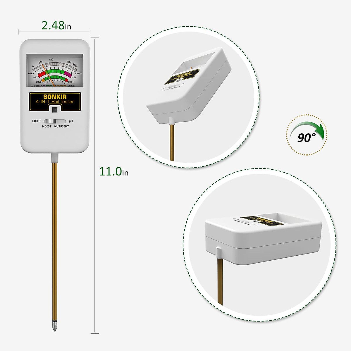 Sonkir Soil Moisture Meter, 4-in-1 Soil Ph Meter, Soil Tester for Nutrients, Moisture, PH and Light, Soil Ph Test Kits for Plant, Great for Garden, Lawn, Indoor & Outdoor Use (No Battery Required)