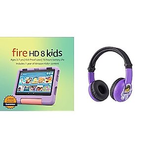 Kids Tablet Bundle: Includes Amazon Fire HD 8 Kids tablet | 32 GB | Purple & Made for Amazon, Kids Bluetooth Headset Ages (3-7) | Purple