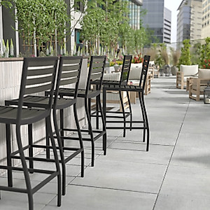 Flash Furniture Lark Commercial Grade Bar Height Stool, All-Weather Outdoor Bar Stool with Faux Wood Poly Resin Slats and Aluminum Frame, Gray Wash