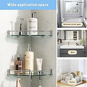 HouseMila Bathroom Shelf, 2 Tier Glass Bathroom Wall Shelf with Extra 3 Hangers Floating Glass Corner Shelves with Nail Shampoo Organizer