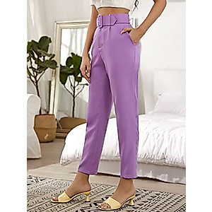 SweatyRocks Women's High Waist Suit Pants Belted Crop Pencil Pants with Pockets Lilac Purple M