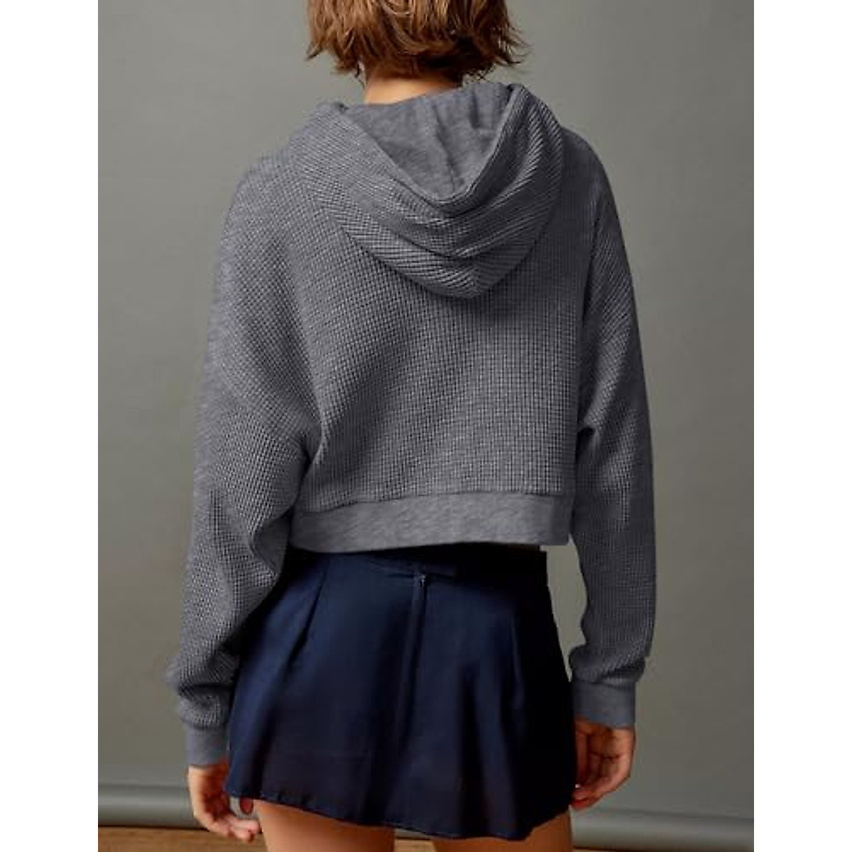 Flygo Women's Waffle Knit Hoodie Cropped Zip Up Hooded Sweatshirts Jacket with Kanga Pocket(Darkgrey-S)