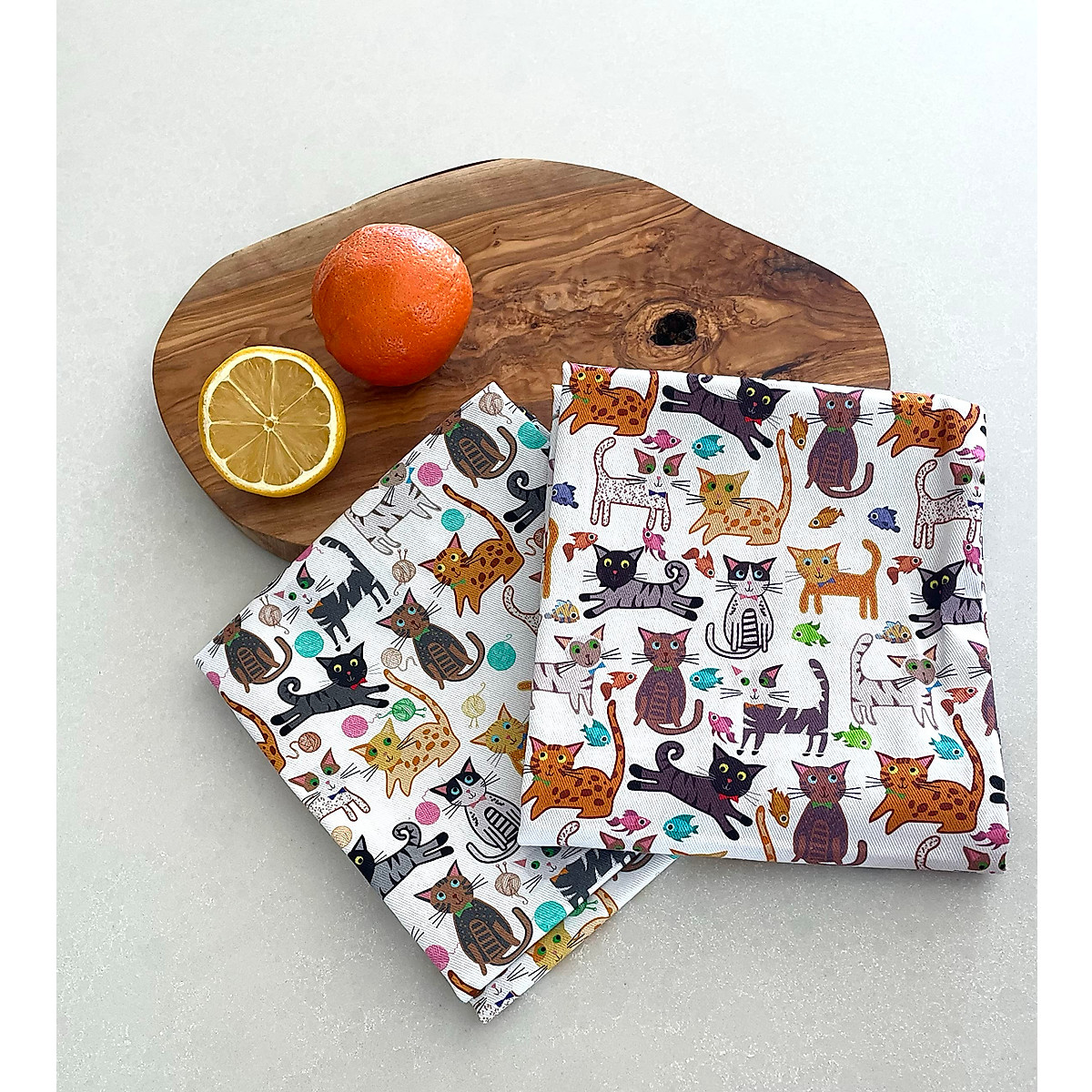Sunshine Vibes Cat Tea Towels Set of 2 100% Cotton cat Lover Pattern with Hanging Loop; to Tackle All of Your Drying, Wiping and Cleaning Kitchen tasks for cat Lover!