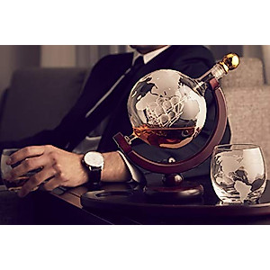 Whiskey Decanter Globe Set with 2 Etched Whiskey Glasses - for Liquor Scotch Bourbon Vodka, Gifts For Men - 850ml