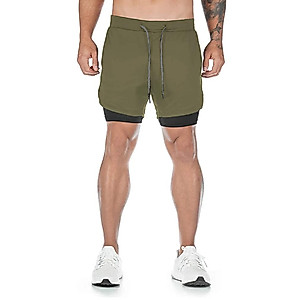 BOOMLEMON Men's 2-in-1 Running Workout Shorts Gym Training Athletic Short Pants with Towel Loop(Army Green M)