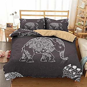 Elephant King Bedding Set Ethnic Duvet Cover 3-piece Set for Bedroom Decor Soft Microfiber Comforter Cover 104x90 Inches and 2 Pillowcases, with Zipper Closure and Ties
