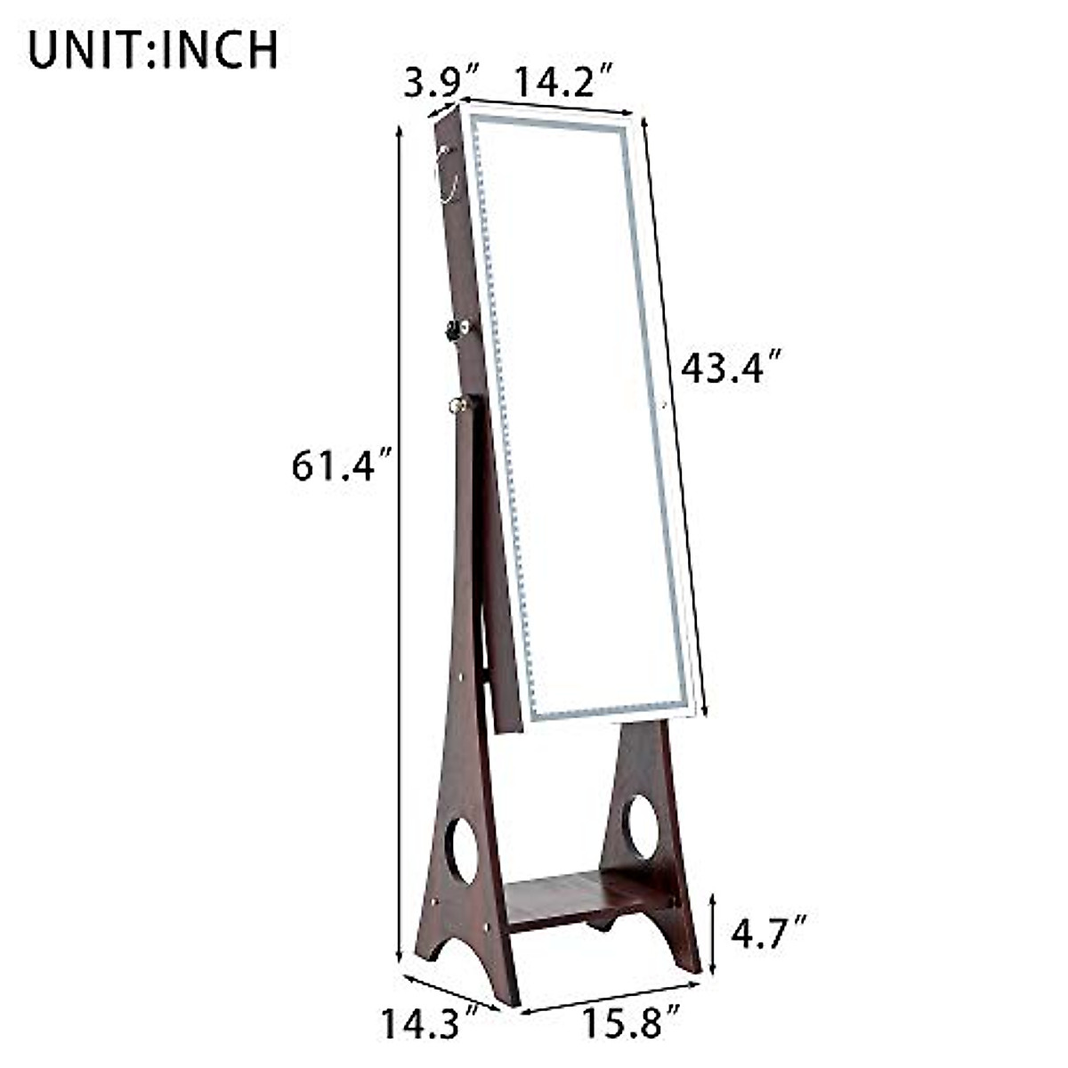 Knocbel LED Jewelry Cabinet Full Body Mirror Lockable Jewelry Armoire Standing Angel Adjustable Storage Organizer Box with Inner Mirror & 2 Drawers, 15.75" L x 14.96" W x 61.42" H (Brown)