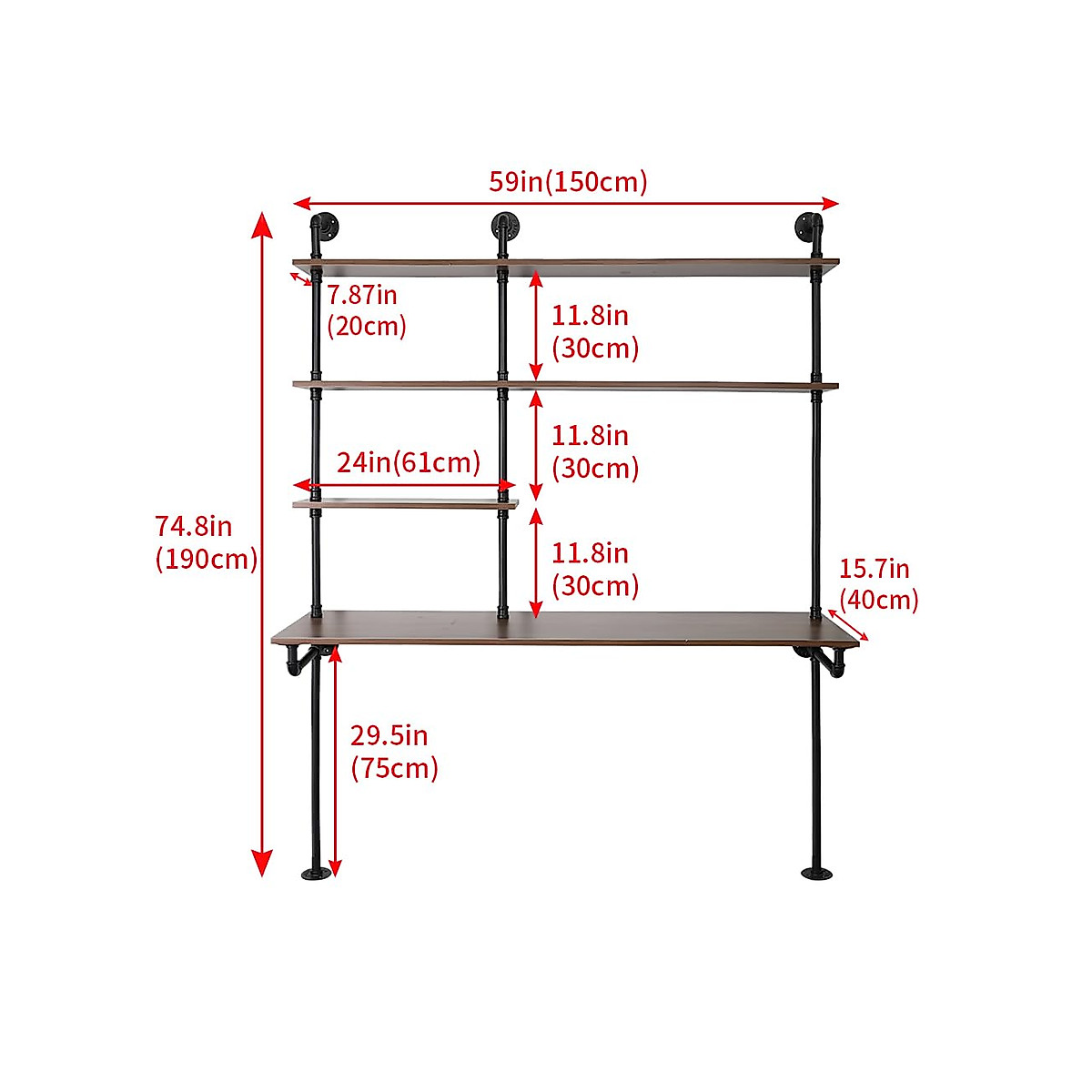 OLDRAINBOW Ladder Desk with Shelves Floating Computer Desk,Wall Mounted Laptop Desks for Small Spaces,Industrial Pipe Bookshelf Narrow Writing Desk