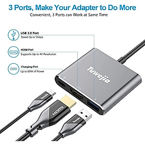 Tuwejia USB C to HDMI Multiport Adapter USB 3.1 Gen 1 Thumderbolt 3 to HDMI 4K Video Converter/USB 3.0 Hub PD Quick Charging Port with Large Projection