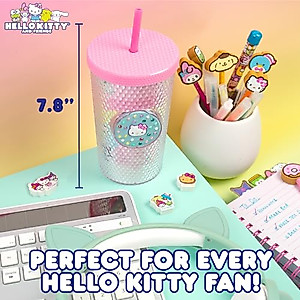 Hello Kitty And Friends Glitzy Pop Sparkling Tumbler, 15oz Hello Kitty Tumbler, Cute Hello Kitty Water Bottle Kids Adults, Hello Kitty Water Bottle With Straw, Pink Hello Kitty Water Bottle for School