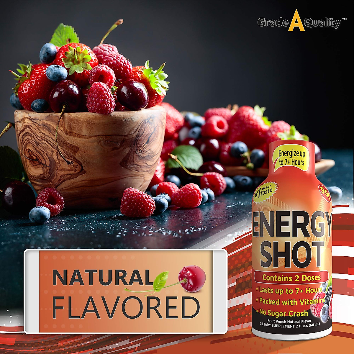 Grade A Quality Shots, Fruit Punch Flavor, Up to 7+ Hours of Energy, 1.93 Fl Oz, 12 Count