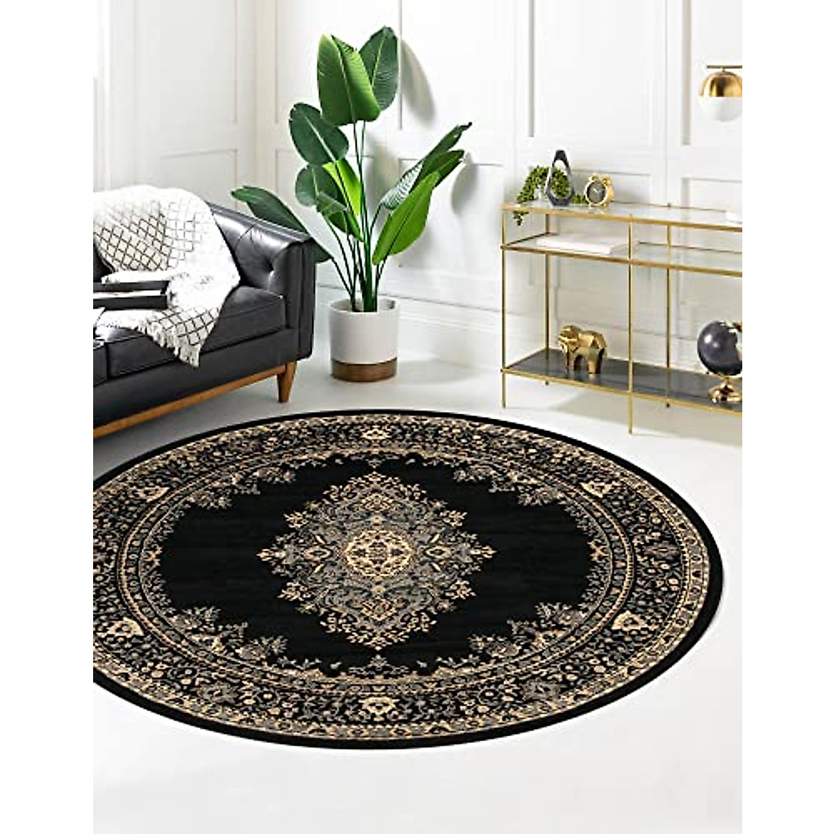Rugs.com Amaya Collection Rug – 8 Ft Round Black Medium Rug Perfect for Kitchens, Dining Rooms