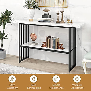 Qiyom 63" Modern Console Table for Entryway, Faux Marble Entryway Table with Storage Shelf and Metal Frame, Extra Long Sofa Table for Behind Couch, Hallway, Living Room - Black & White