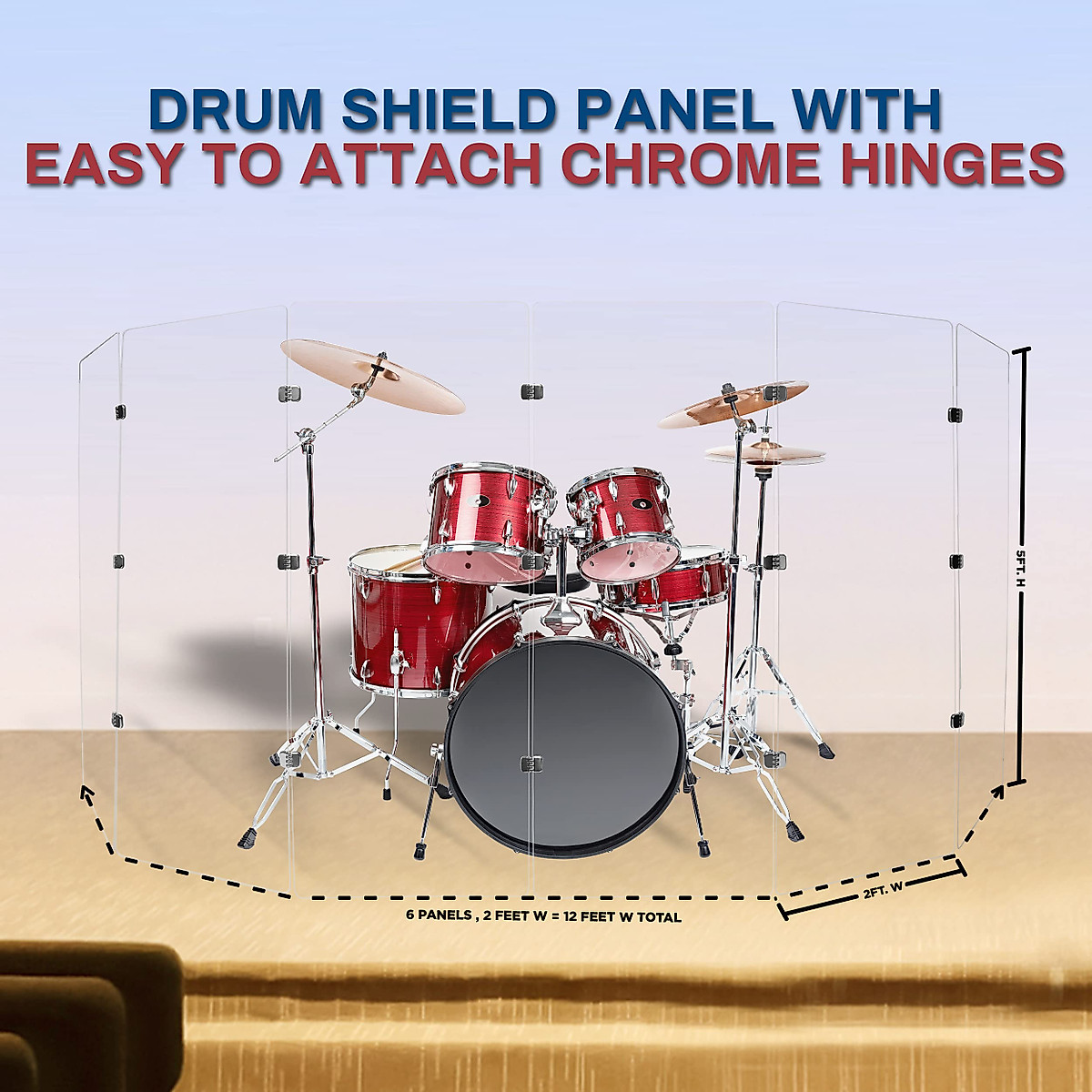 PENNZONI Drum Shield 5ft w/Chrome Hinges, Comes w/ 6 Drum Panels, & Chrome Hinges, Premium Clear Acrylic Panels, Drum Screen
