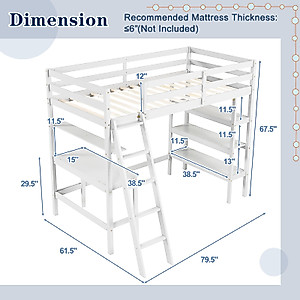 KOMFOTT Twin Loft Bed with Desk & Storage Shelves, Wood Loft Bed Frame for Kids Teens with Bookcase, Ladder, Guardrail, No Box Spring Needed, Space-Saving Loft Bed for Dorm, Apartment