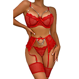 Aranmei Women’s Sexy Eyelash Fishnet Lingerie Set Chain Babydoll Underwire Bra and Panty Sets with Garter Belt 4 Pieces(Red Large)