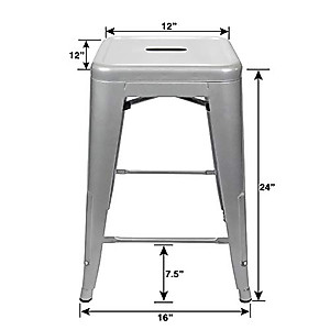 UrbanMod 24 Inches Metal Barstool Set of 4 – Counter Height Backless Bar Stool for Kitchen Island, Breakfast, Outdoors, Pub, Restaurant, Home, Patio – Stackable Heavy Duty Modern & Industrial (Silver)