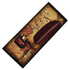 Kentaur Calligraphy Quill Pen Set (CS-0205) - Dip Pen with Brown Turkey Feather, 6 Stainless Steel Nib, and European Ink. Great for Beginner/Enthusiast