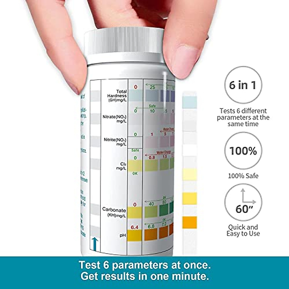 RUNBO Aquarium Test Strips 6 in1 for Fresh/Salt Water Fish Tank Aquarium, 100 Count Easy and Accurate Test Nitrate, Nitrite, General Hardness, Free Chlorine, Carbonate, Ph