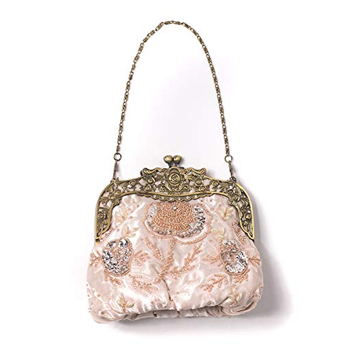 ilishop Women's Antique Beaded Party Clutch Vintage Rose Purse Evening Handbag (Champagne)