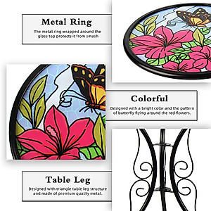 HONGLAND Outdoor Side Table Accent Round Painted Glass Desk for Garden,Patio, Dining Room 14 Inches(Butterfly)