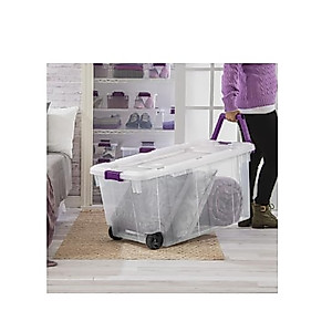 Generic 2PCS 40 Gallon Industrial Tote Plastic Storage Bins Wheeled Large Storage Box Set, Clear And Purple