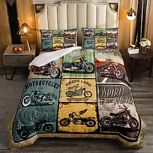 Feelyou Motorcycle Bedding Set Kids Retro Motorcycles Comforter for Boys Girls Teens Vintage Old School Comforter Set Extreme Sports Quilt Room Decor Bedspread Queen Size Boys