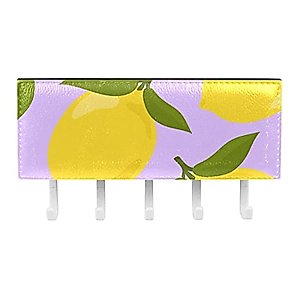 Colorful Hand Drawn Lemon Pattern Mail Holder Organizer and Key Hooks PU Front, Self Adhesive Key Rack with 5 Hooks Perfect for Entryway, Hallway，Bathroom ，Kitchen