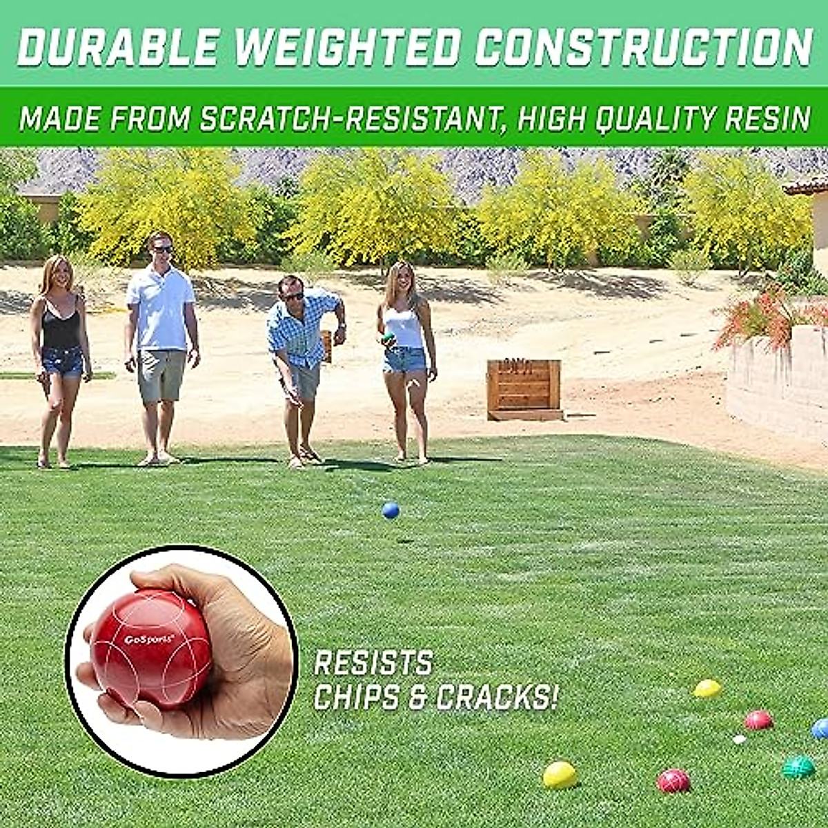 GoSports 90 mm Backyard Bocce Set with 8 Balls, Pallino, Case and Measuring Rope - Made from Premium Resin