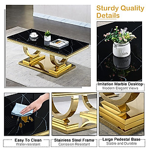 47" Rectangular Marble Coffee Table, Modern Luxury Living Room Center Table, Mid-Century Elegant Black Faux Marble Cocktail Table with O-Shape Gold Mirrored Stainless Steel Pedestal Base