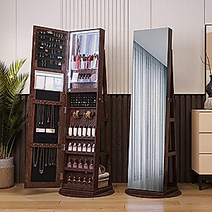 HNEBC LED Light Jewelry Organizer - 360° Rotating Armoire with Mirror, Full Length Cabinet for Jewelry Storage - Large Dark Brown Box Compatible with Alexa/Google Assistant
