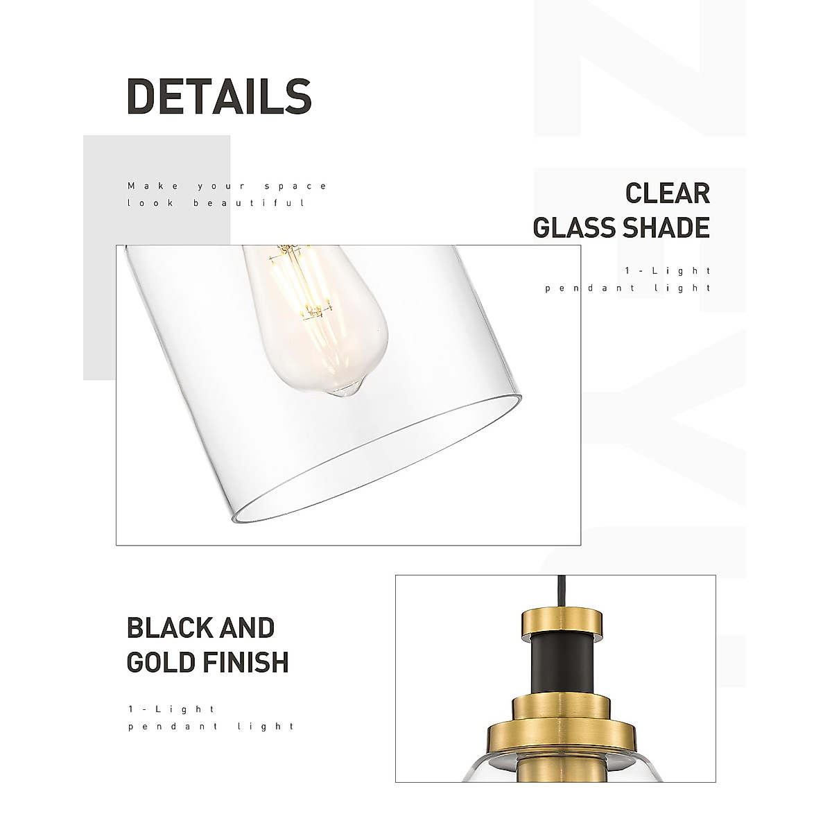 zeyu Modern Hanging Pendant Lights 2 Pack, Kitchen Pendant Lighting with Clear Glass Shade, Black and Gold Finish, ZG33M1L-2 BK+BG