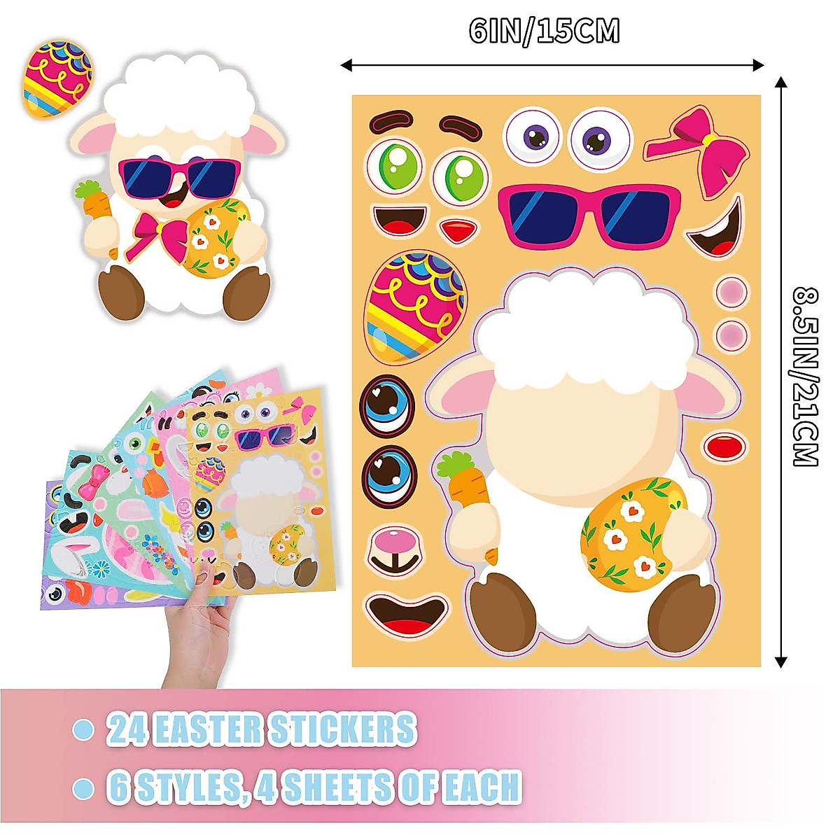 GonLei 24pcs Easter Stickers for Kids, Make Your Own Easter Sticker for Boys Girls, Easter Eggs Bunny Chick Farm Animal Lamb Face Stickers for Family Schools Classroom Activities Party Favor Supplies