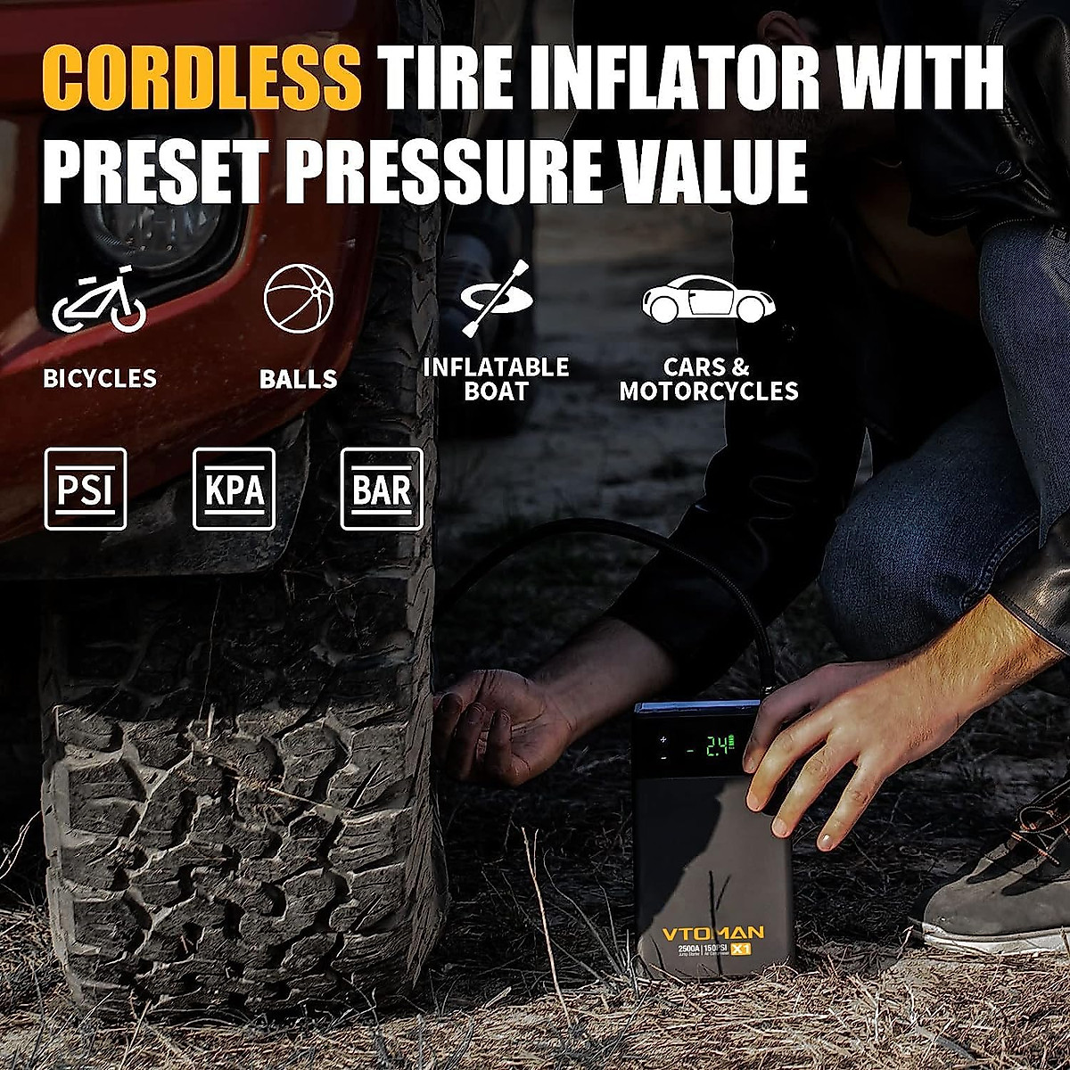 VTOMAN X1 Jump Starter with Air Compressor, Car Battery Jumper Starter (2500A, Up to 8.5L Gas/6L Diesel Engine) with 150PSI Auto Tire Inflator, 12V Portable Booster Pack, Lithium Jump Box Charger-Gray