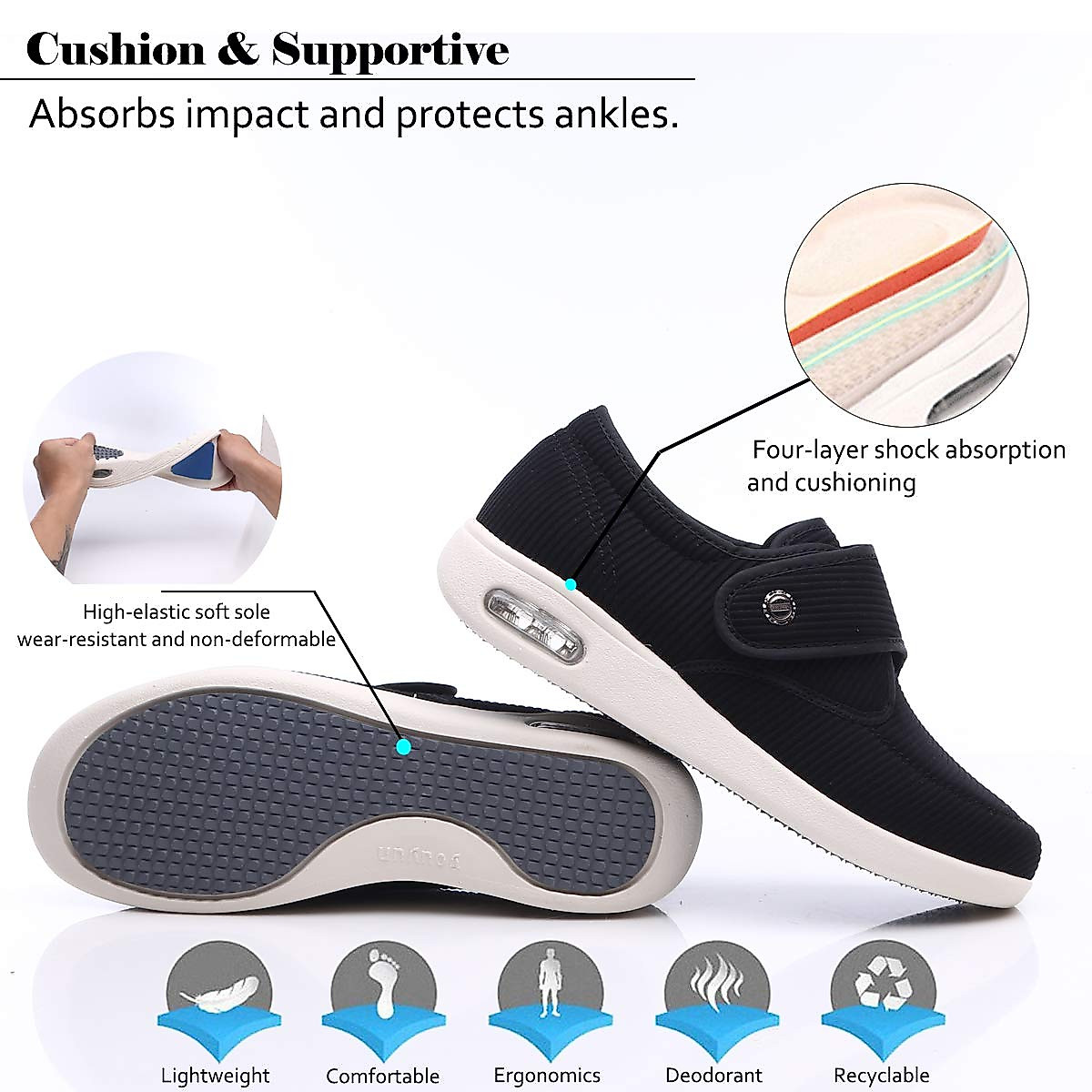 Women's Wide Shoes with Adjustable Strap Lightweight Walking Shoes for Elderly Mother Seniors Swollen Feet Plantar Fasciitis Black