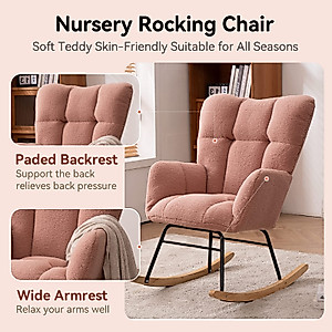 Nursery Rocking Chair Teddy Fabric Padded Seat with High Backrest and Armrest Accent Chair Upholstered Armchair Single Sofa Accent Glider Rocker for Living Room Bedroom Offices (Pink Teddy)