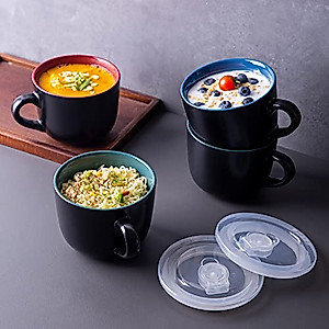 GBHOME Ceramic Soup Mugs with Lid, 24 oz Soup Cups with Hanlde for Coffee,Cereal,Salad,Noodles,Tea,Soup Bowls Cups,Microwave &Dishwasher Safe, Set of 4, Multi-color with Vented lid