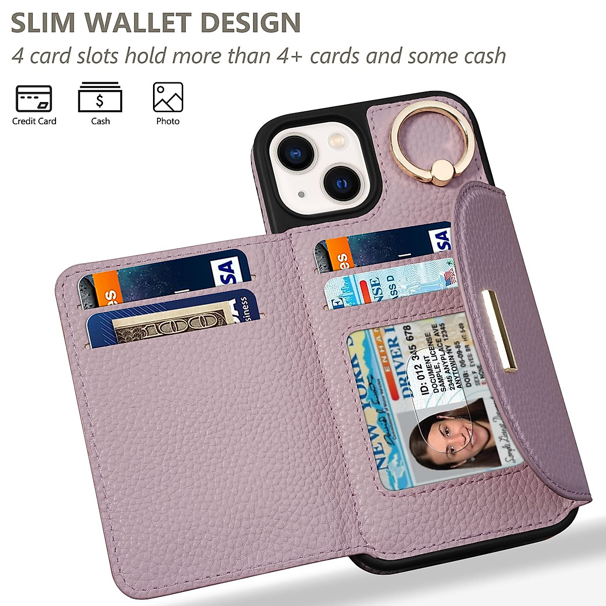 Keallce Case for iPhone 13 6.1'' Wallet Case, Flip Leather Case with 4 Card Holder, [Stand Ring Holder Kickstand] Protective Folio Phone Cover for Women Ladies Compatible with iPhone 13 2021 5G, Pink