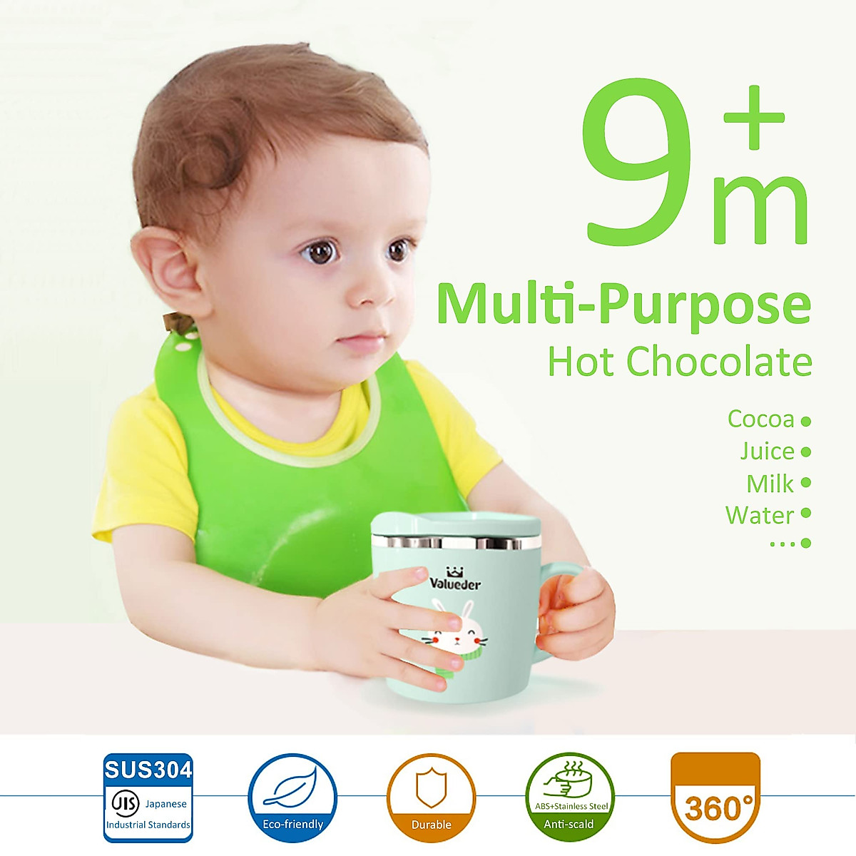 Valueder Kids Learning Cup Baby Trainer Mug for Milk Water Coffee, Hot Chocolate Juice Smoothies, 7oz, Bunny Tiffany