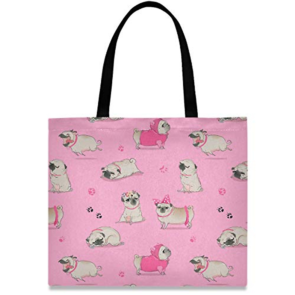 visesunny Women's Extra Large Canvas Tote Shoulder Bag Cute Cartoon Pug Top Storage Handle Shopping Bag Casual Reusable Tote Bag for Beach,Travel,Groceries,Books