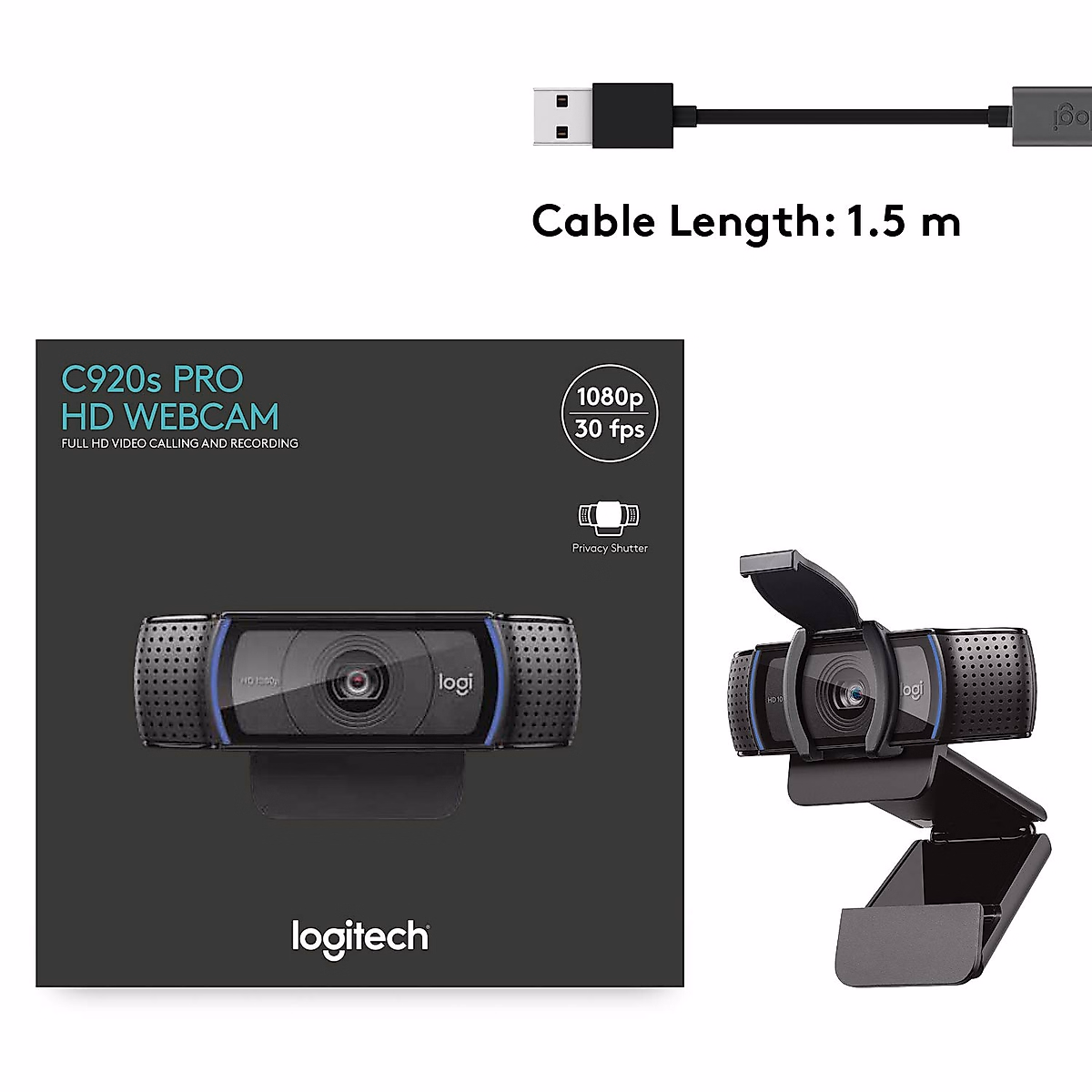 Logitech C920S HD Pro Webcam with Privacy Shutter - Widescreen Video Calling and Recording, 1080p Streaming Camera, Desktop or Laptop Webcam