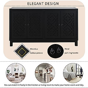 Wood Storage Cabinet, Large Storage Space Sideboard, 4 Door Buffet Cabinet with Pull Ring Handles for Living Room, Dining Room, Easy Assembly (Black)